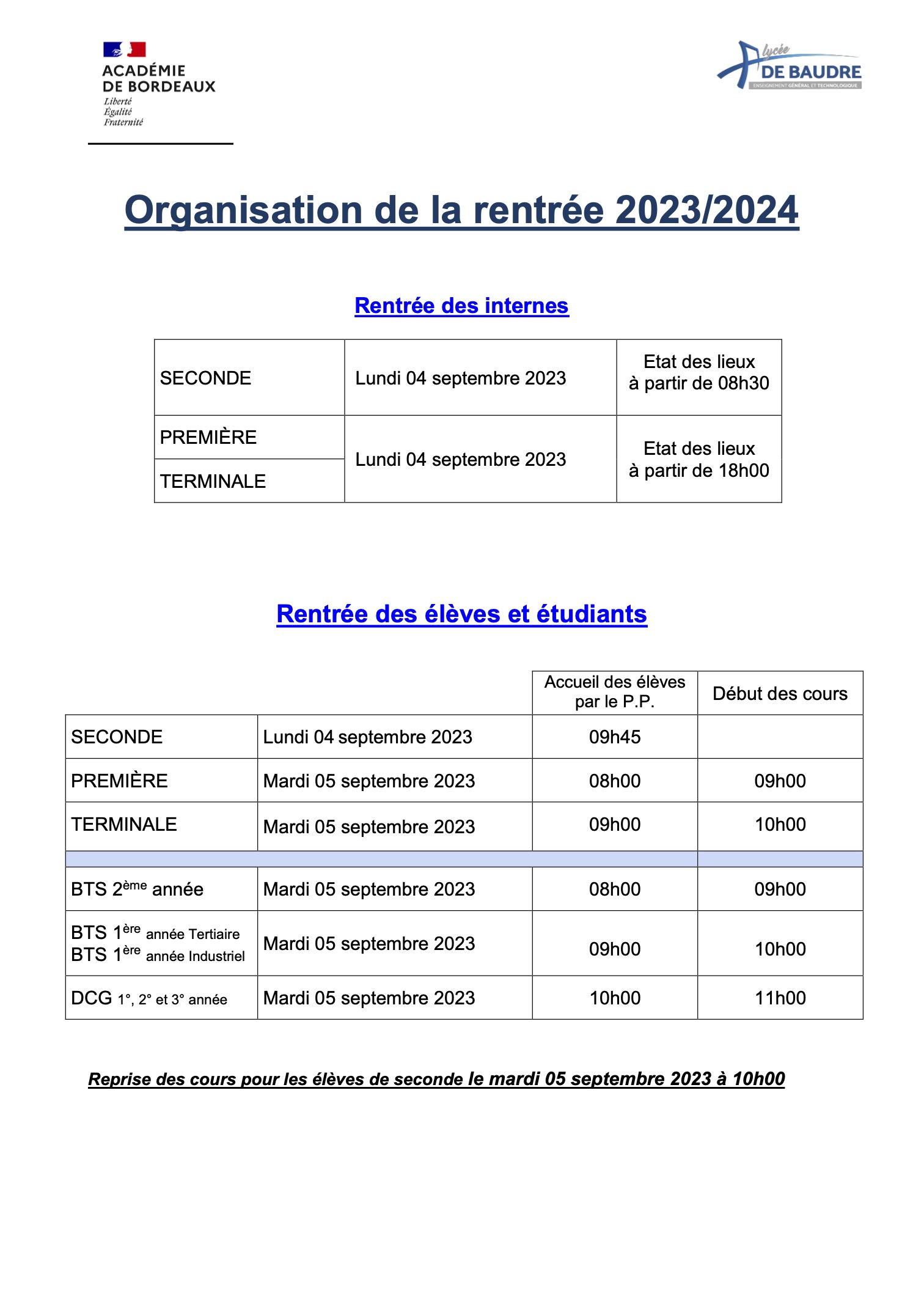Organisation de la rentrée 2023/2024 - Lycée Jean-Baptiste de Baudre